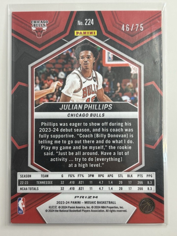 Julian Phillips /75 RC 2023/24 Panini Mosaic RED & YELLOW #224 Rookie ...