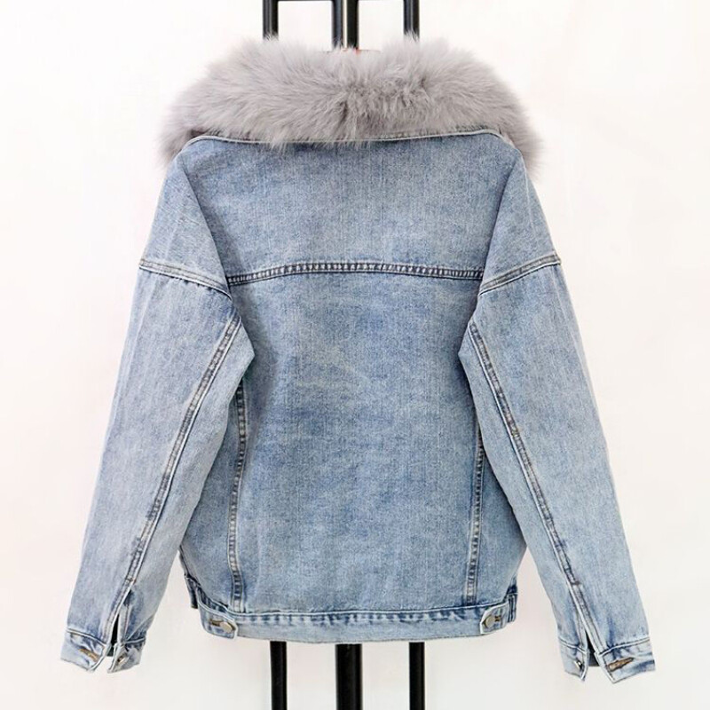 Lady Faux Fur Lined Denim Jacket Warm Coat Thick Fluffy Furry Collar ...