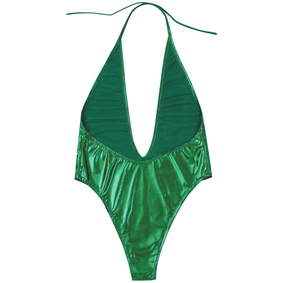 Women's Shiny Metallic Monokini Deep V Neck Backless High Cut Bodysuit ...