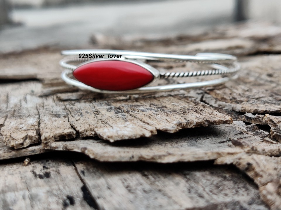 Red Coral 925 Sterling Silver Cuff Valentine Day Bangle GJ-2 | eBay