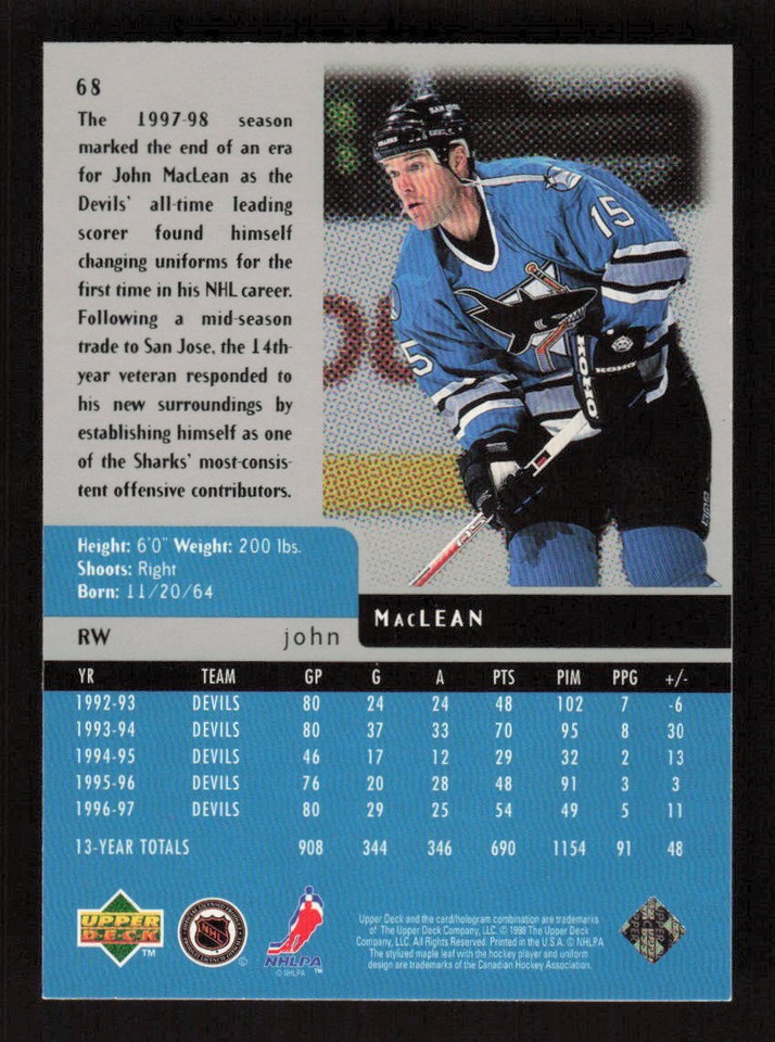 1997 Upper Deck Black Diamond Double Diamond #68 John MacLean San Jose ...