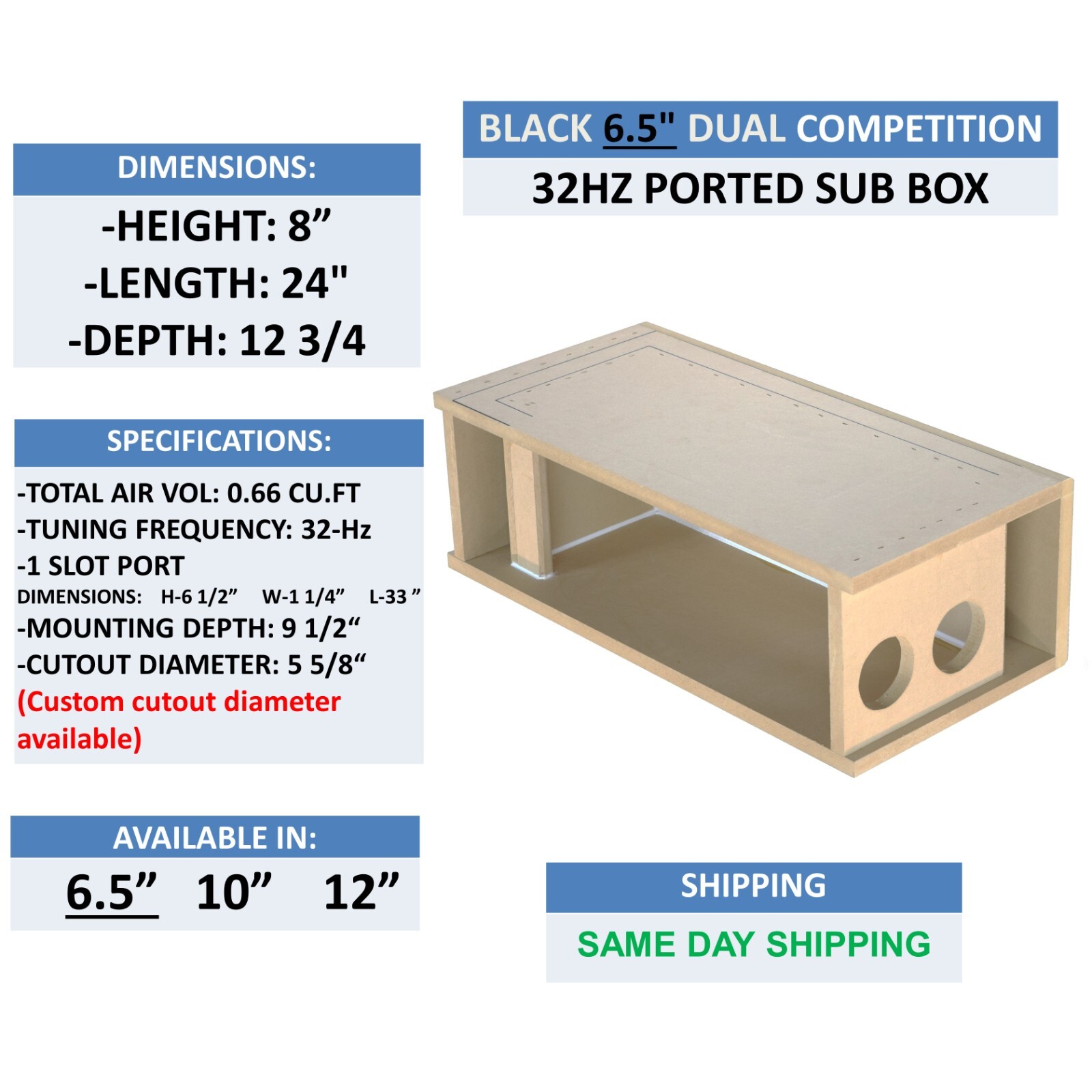 6.5 Dual Ported / Vented Sub Box Subwoofer Enclosure Speaker Box 32Hz ...