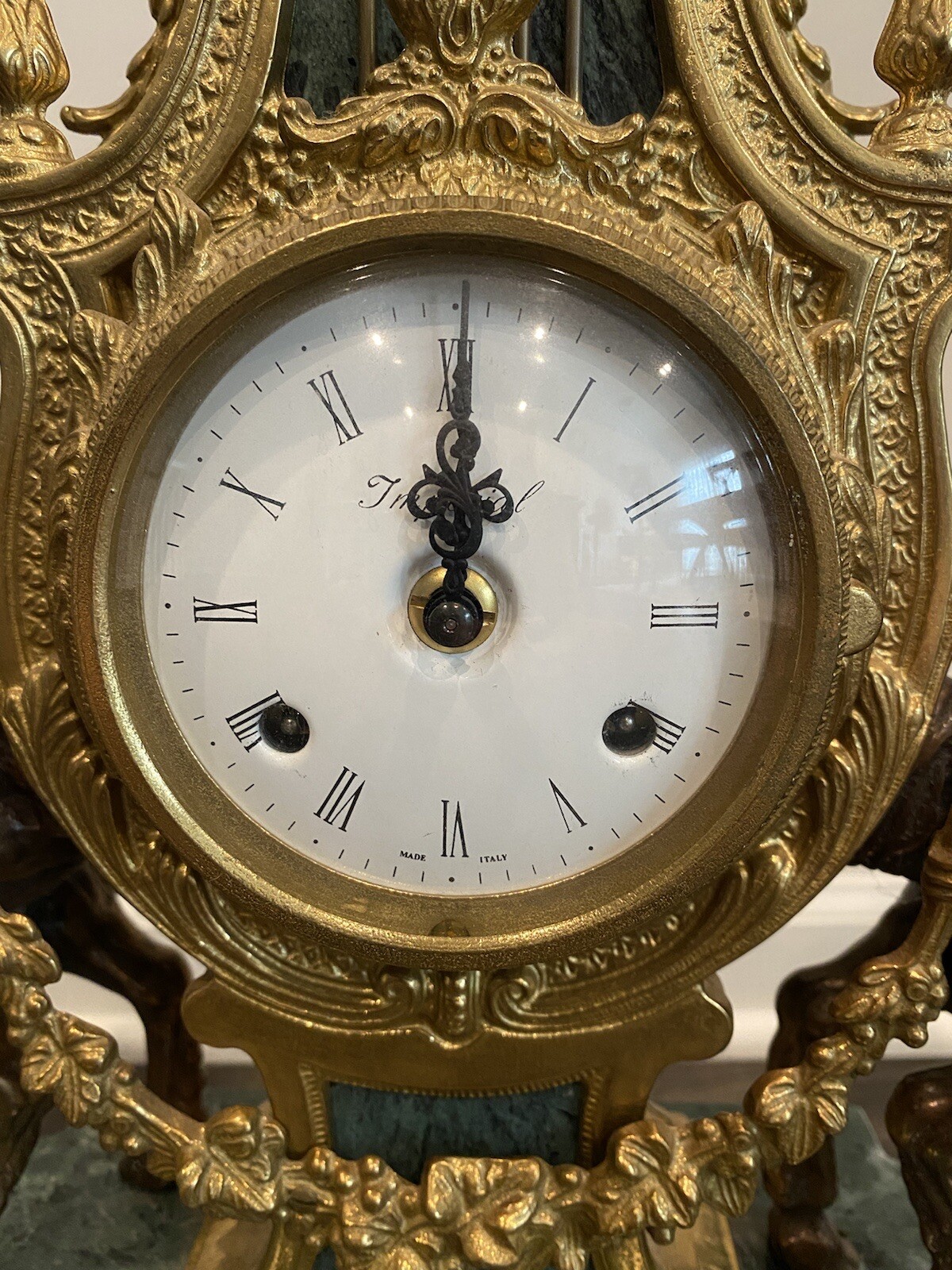 3-Piece Italian Brevettato Brass & Marble Clock & Candelabra Garniture ...