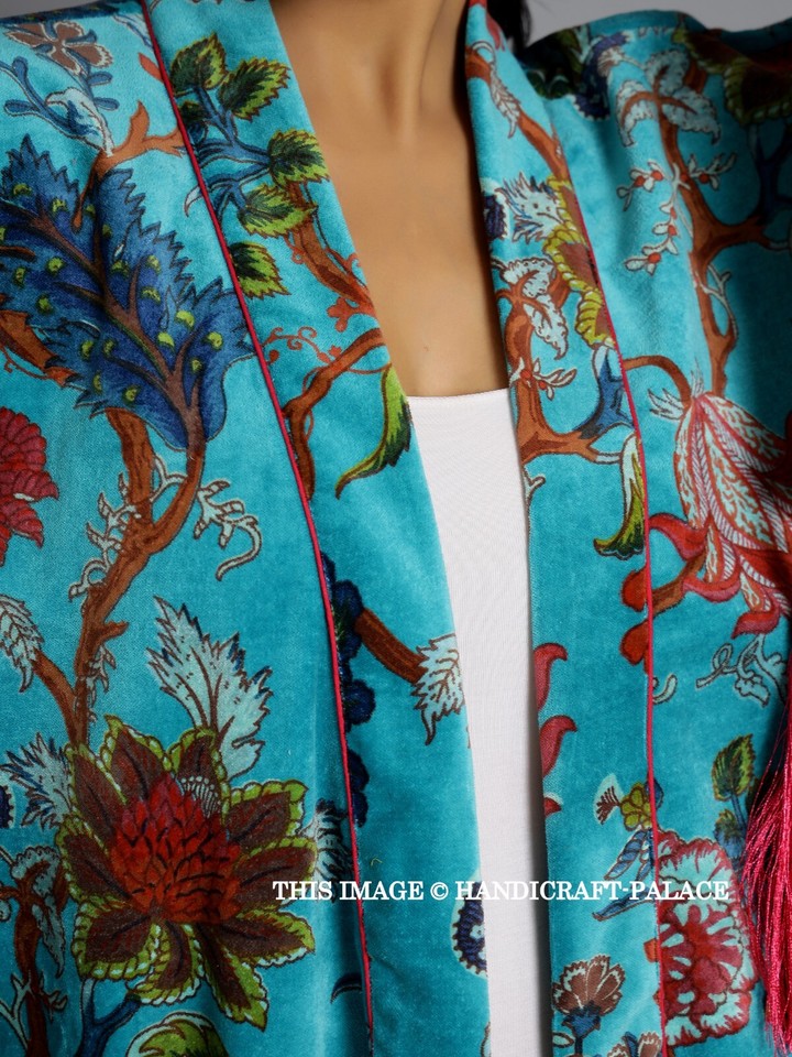 Luxury Velvet Bird Printed Robe OFMD Long Kimono Depression Robe Gown ...