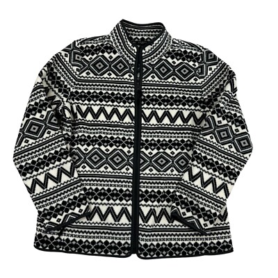 Talbots Petites Black White Fair Isle Geometric Fleece Full Zip Jacket ...