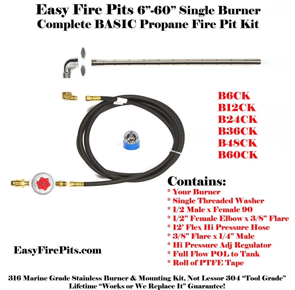 B6CK: BASIC PROPANE DIY GAS FIRE PIT KIT & 6" LIFETIME WARRANTED 316 ...