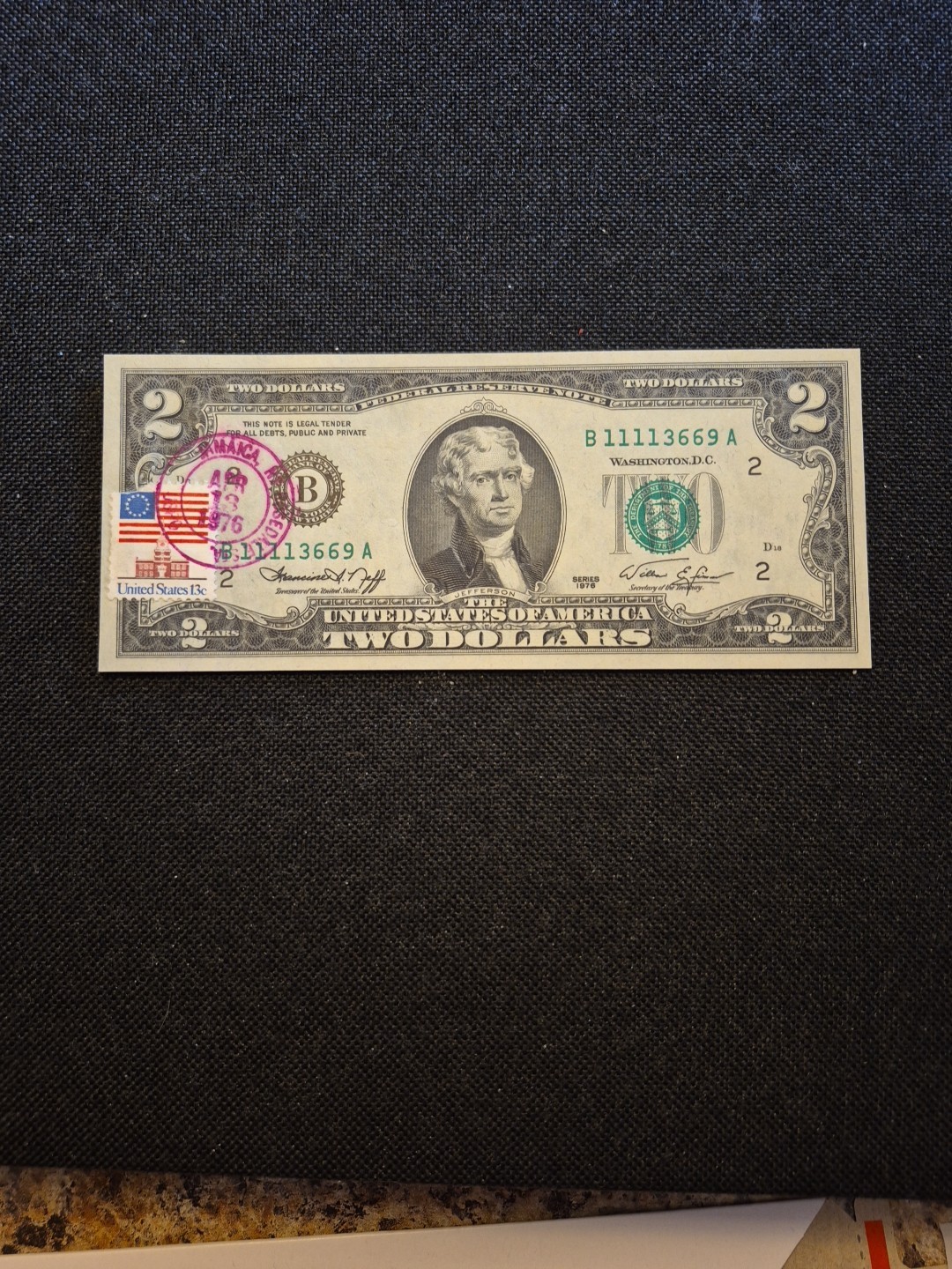 Beautiful CU **STAMPED** 1976 2$ Dollar. "1111" Fancy Serial!! CRISP ...