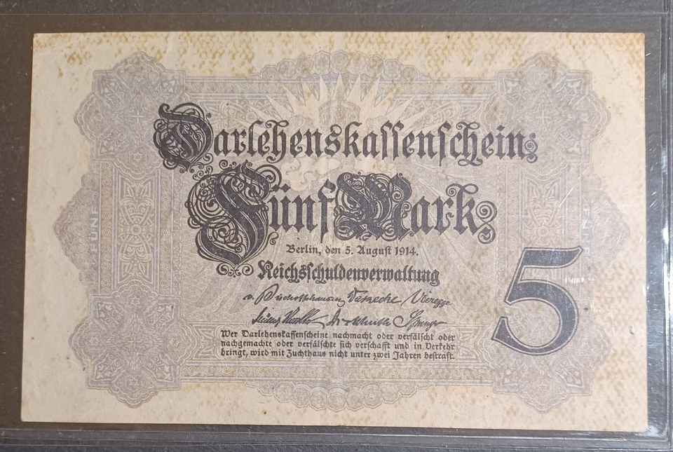 GERMAN 5 Mark Banknote, 1914, WWI WW1 Germany Currency Memorabilia ...