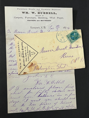 1874 NEWPORT NH AD FANCY + LETTER LETTERHEAD ! HUBBELL FURNITURE ...