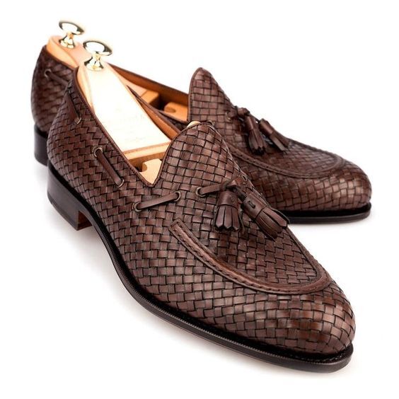 Handmade men brown chitai woven loafer shoes, formal dress leather ...