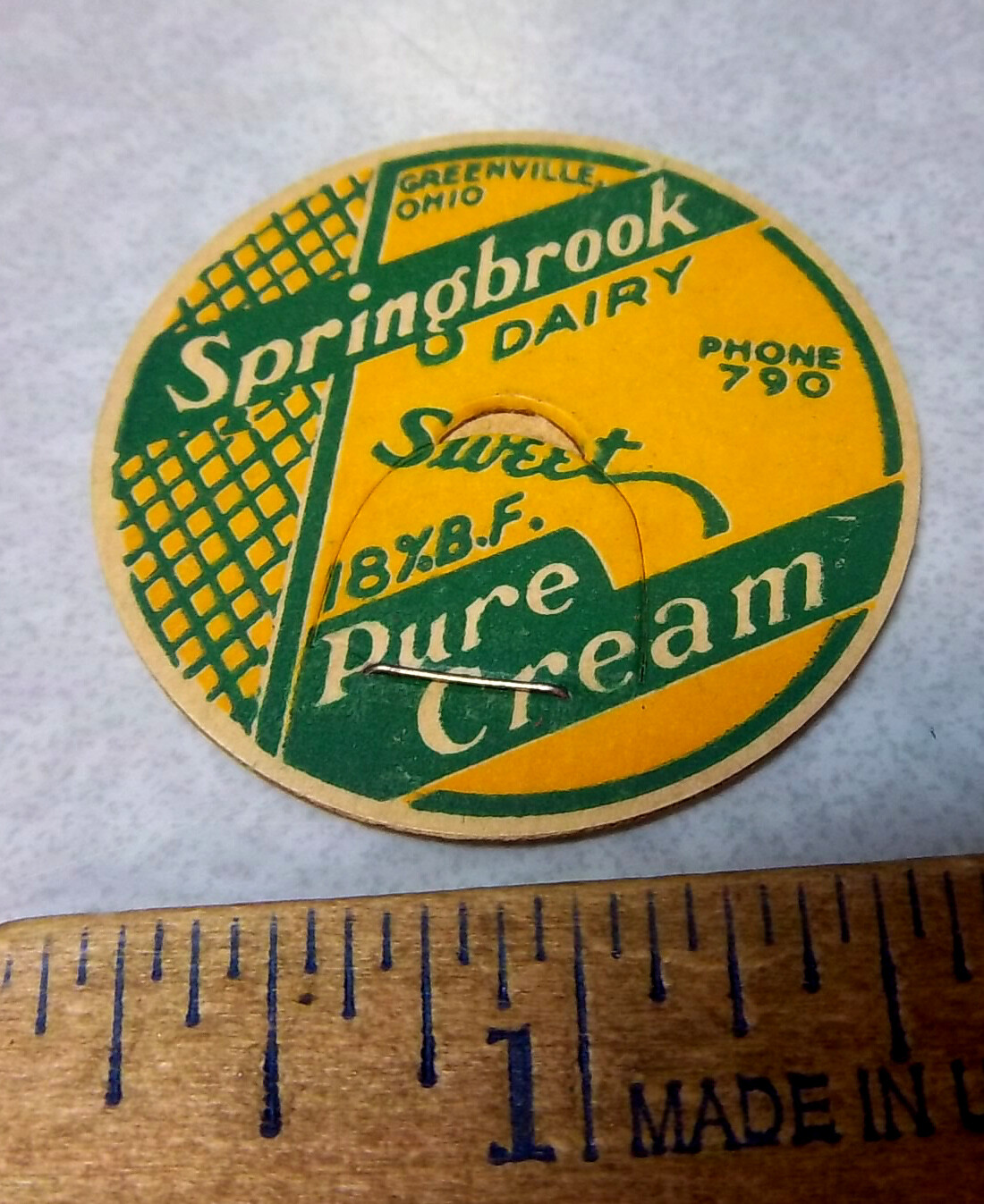 Milk Bottle Cap from Springbrook Dairy, Pure Cream, Greenville Ohio | eBay