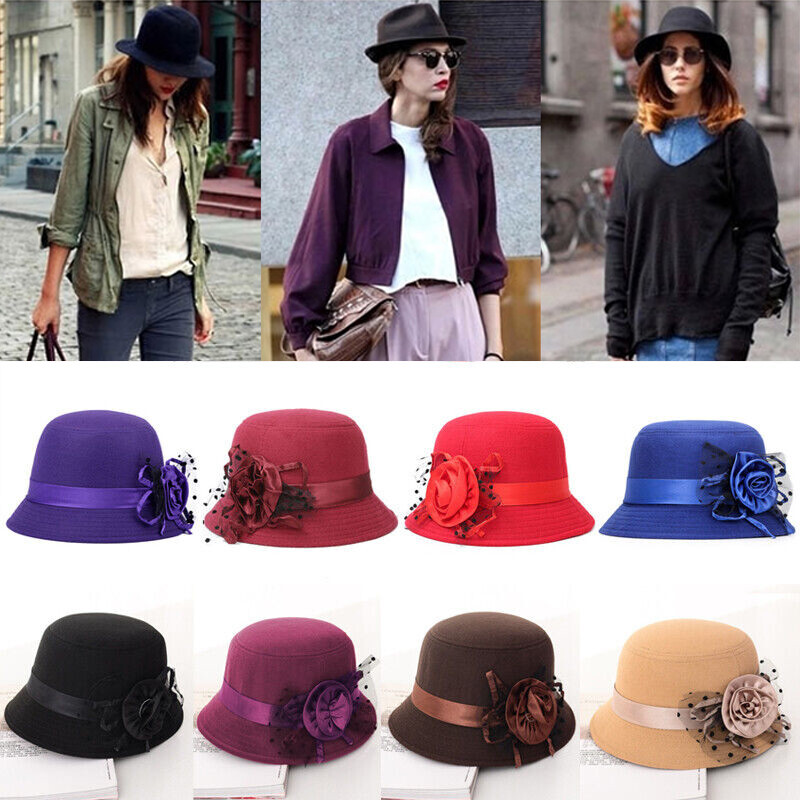 Retro Women Wool Felt Bucket Cap Ladies Flower Cloche Church Bowler Hat ...