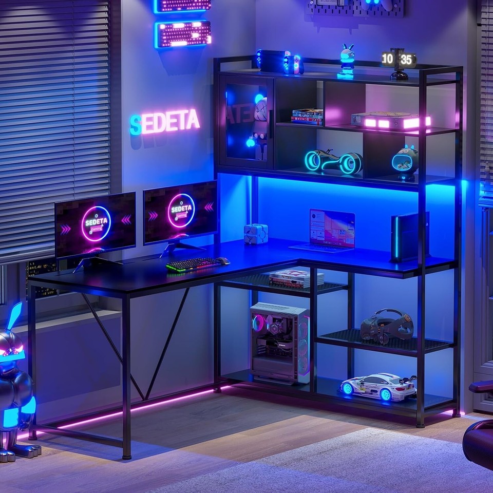 L Shape Computer Desk, 58'' Office Desk with LED Light&Bookshelf for ...