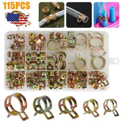 115PCS Hose Clamps Assortment Kit Spring Steel Clip Water Fuel Tube Air ...