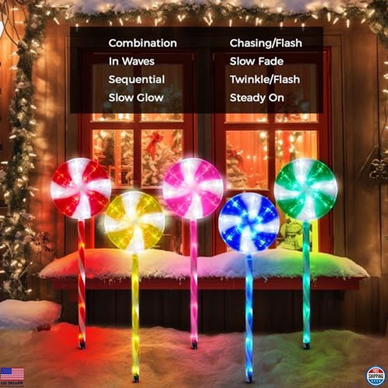 Solar Candy Cane Pathway Lights, Set of 5, 8 Modes Outdoor Xmas Decor ...