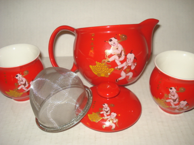 Chinese 5 Piece Red Tea Set Teapot - Strainer and 2 Teacups | eBay