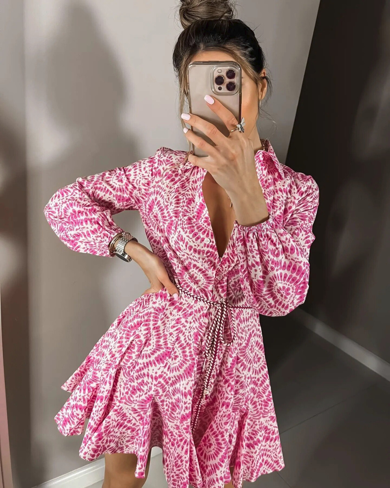ZARA PINK TIE DYE FLORAL PRINTED MINI SHIRT DRESS VOLUMINOUS RUFFLE ...