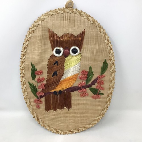 Vintage Woven Owl Straw Fiber Rafia Art Oval Wall Hanging Decor 70's ...
