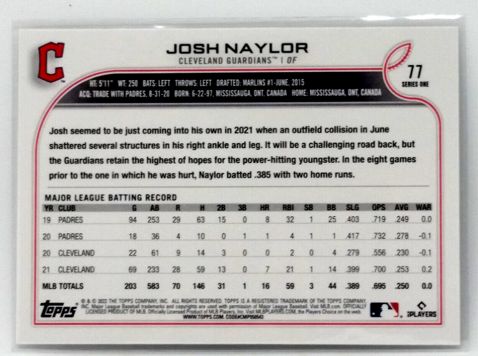 2022 Topps Series One #77 Josh Naylor Card | eBay