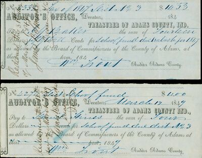 1849 Adams County Auditor Receipt Pair Decatur Indiana School Fund ...