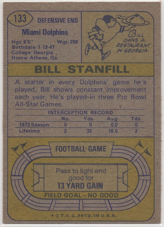 PUR018 1974 Topps #133 Bill Stanfill AP Miami Dolphins | eBay