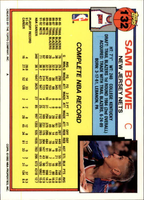 1992-93 Topps New Jersey Nets Basketball Card #132 Sam Bowie | eBay