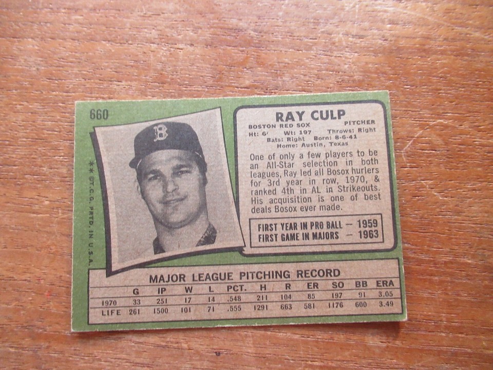 1971 TOPPS RAY CULP #660 BOSTON RED SOX HIGH NUMBER SERIES HIGH GRADE ...