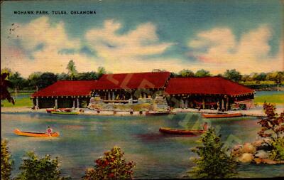 Vintage postcard Mohawk Park Tulsa Oklahoma Scenic Pavilion and Boats ...