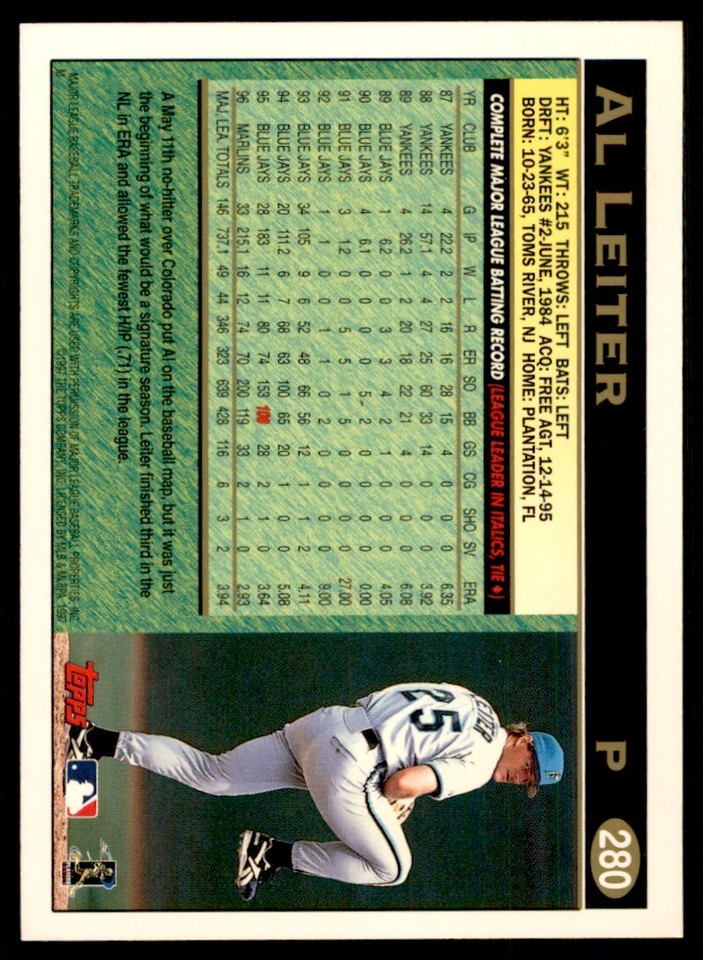 1997 Topps Al Leiter Baseball Card Florida Marlins #280 | eBay