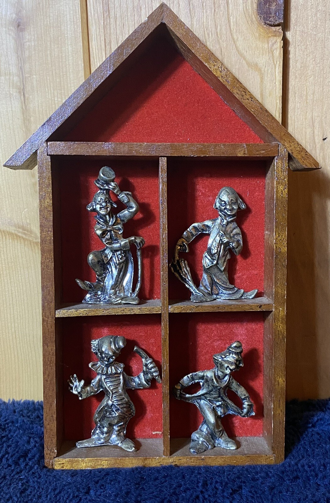 Pewter Mini Circus Clowns Figurines Set of 4 Wood Showcase Shadow box ...