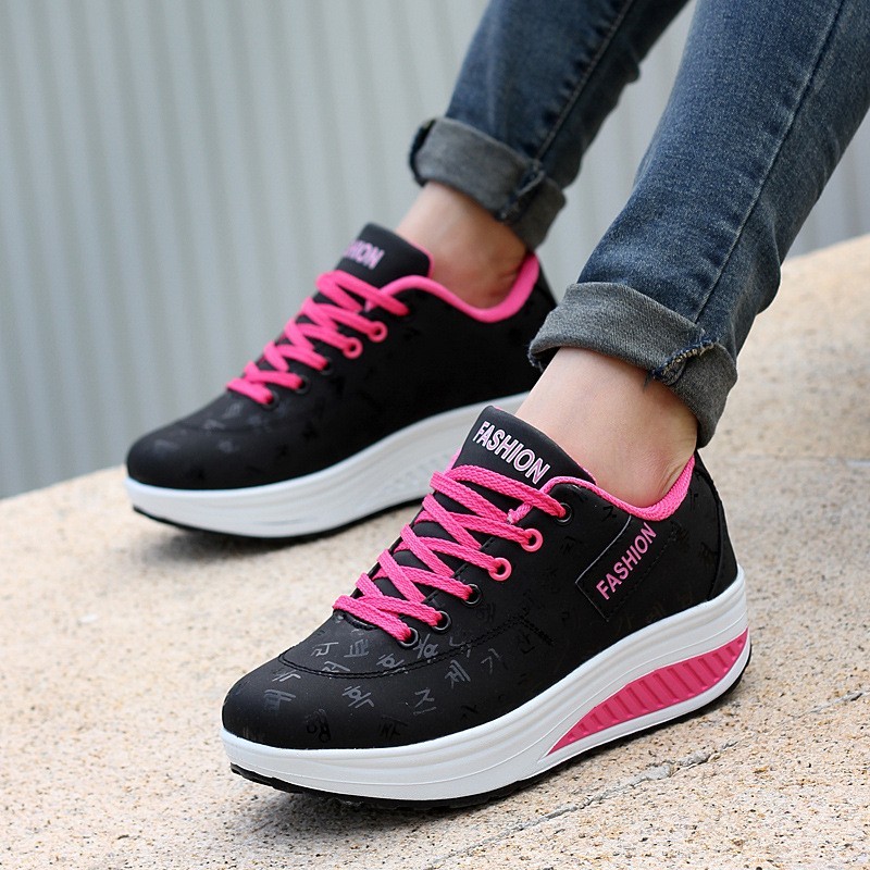 Women High Platform Trainers Lace-up Wedge Sole Sneakers Sports Running ...