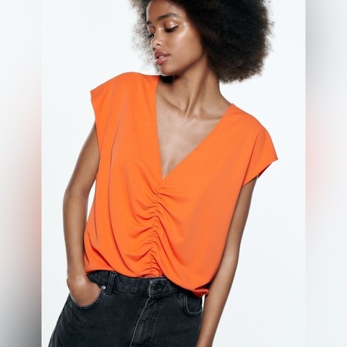 ZARA Ruched Top Orange V-Neck Blouse Short Cap Sleeve Polyester Womens ...