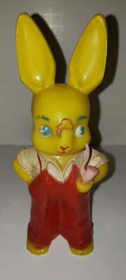 Vintage Knickerbocker Pink Easter Bunny Rabbit in Overalls Plastic ...