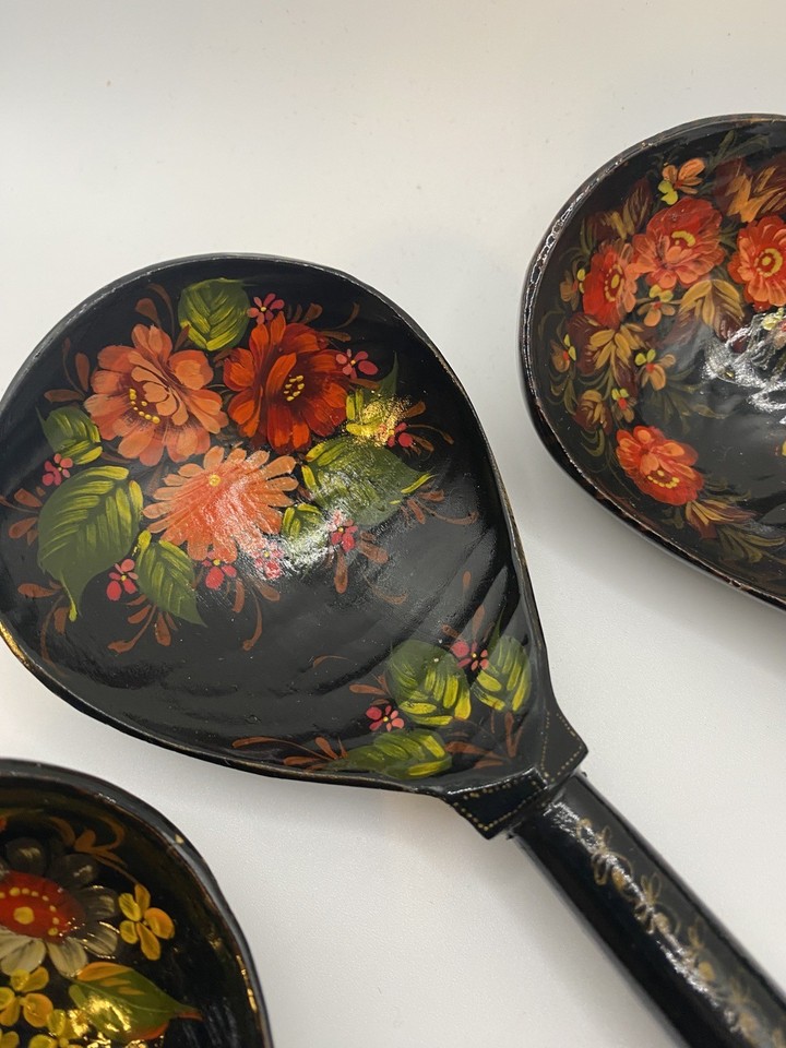3 PC SET RUSSIAN (?) BLACK LACQUERED FLORAL hand painted wooden spoons ...