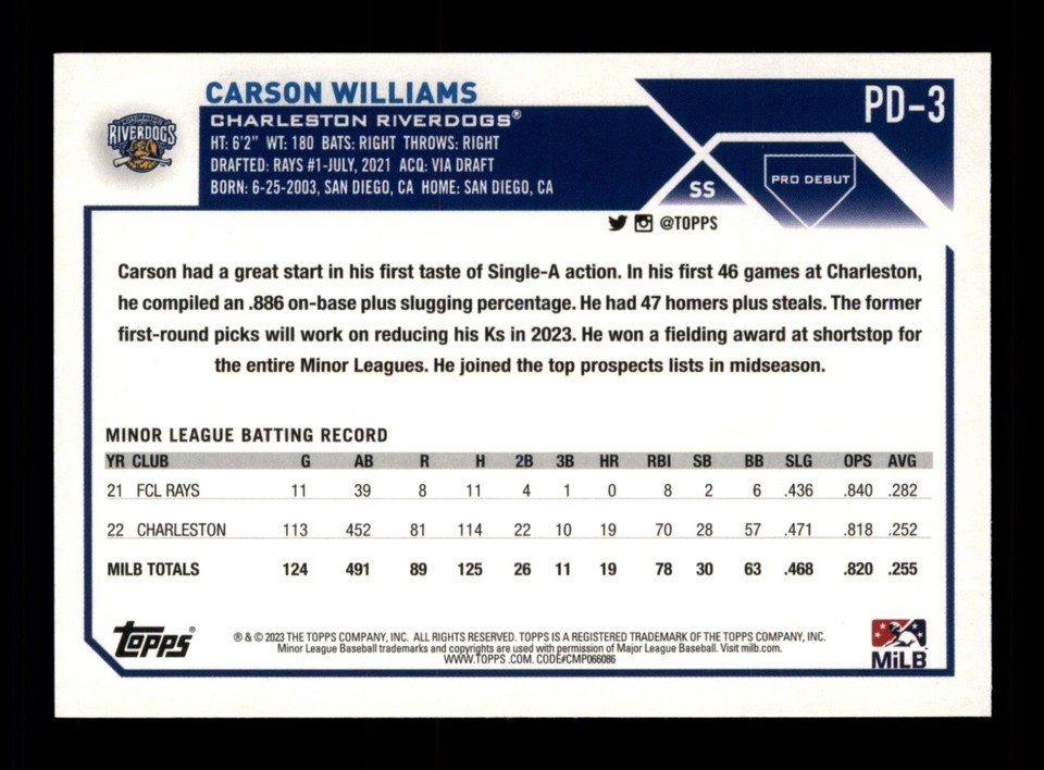 2023 Topps Pro Debut #PD-3 Carson Williams Tampa Bay Rays Baseball Card ...