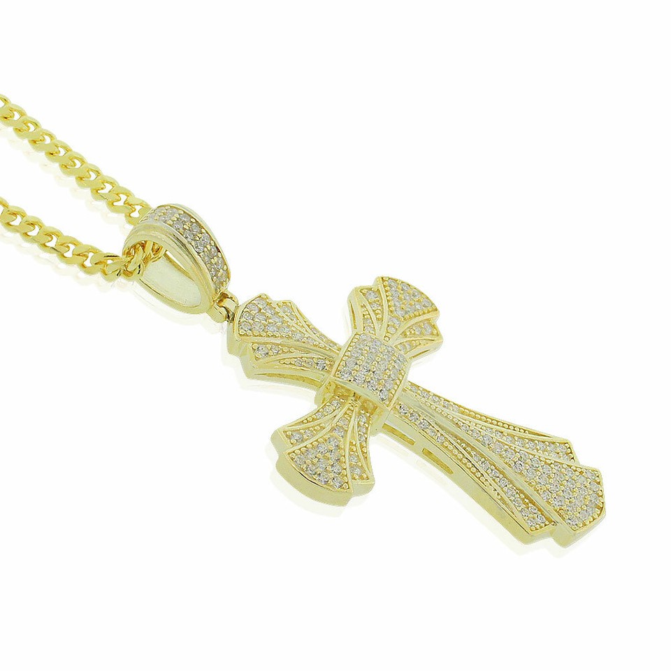 925 Sterling Silver Gold-Tone Clear CZ Large Hip-Hop Cross Pendant ...
