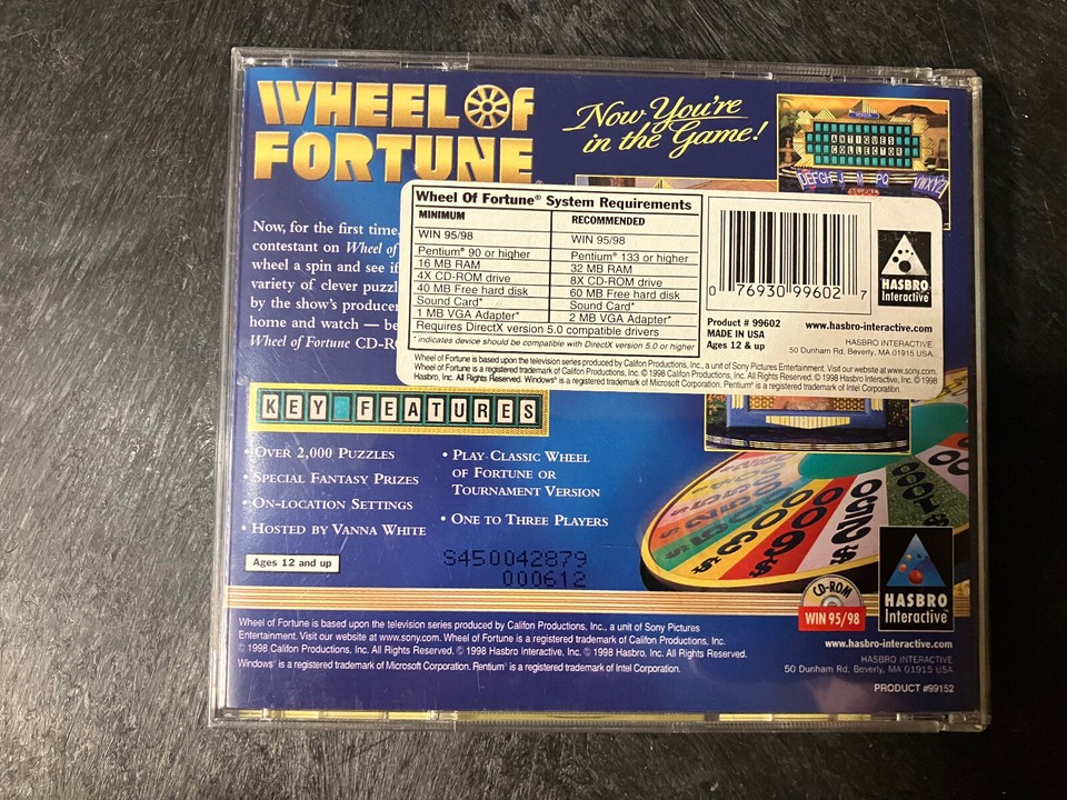 Wheel Of Fortune PC CD - CD-ROM Game - Hasbro Int. 1998 Windows 95/98 ...
