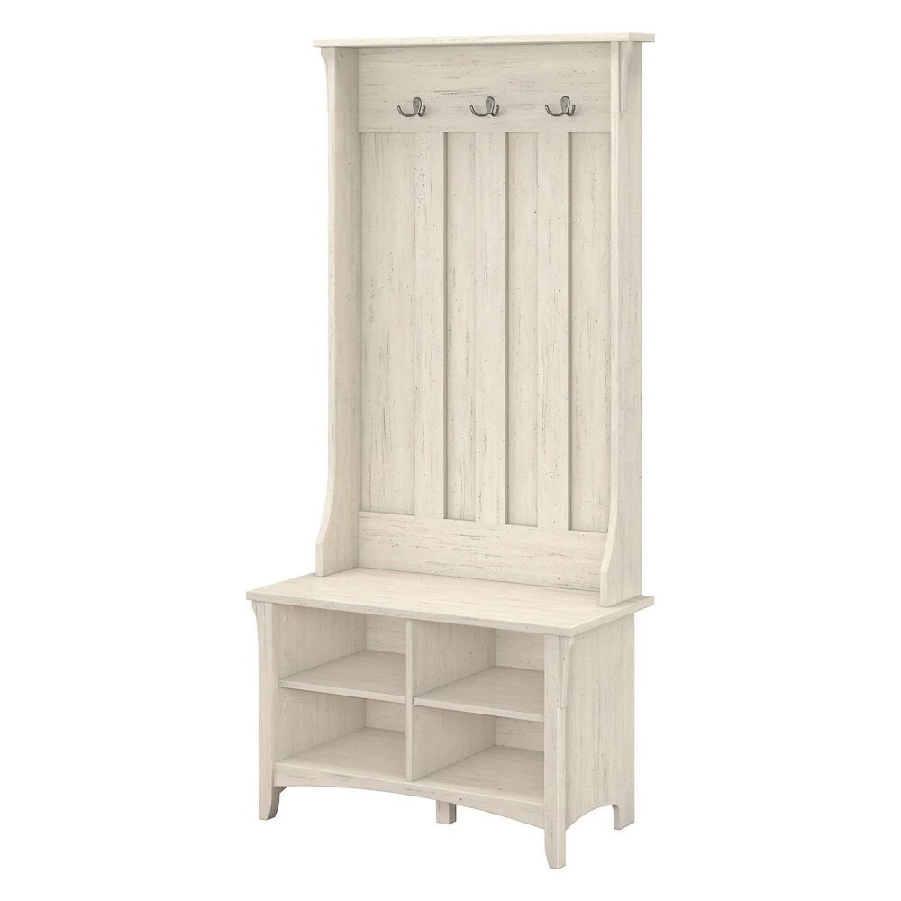 Rustic White Wooden Hall Tree Coat Rack Hat Hooks Storage Stand ...