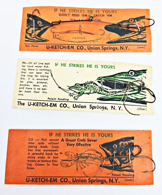 3 Different U-Ketch-Em Co Frog, Crab, & Minnow Harness Lures NY 1950s ...