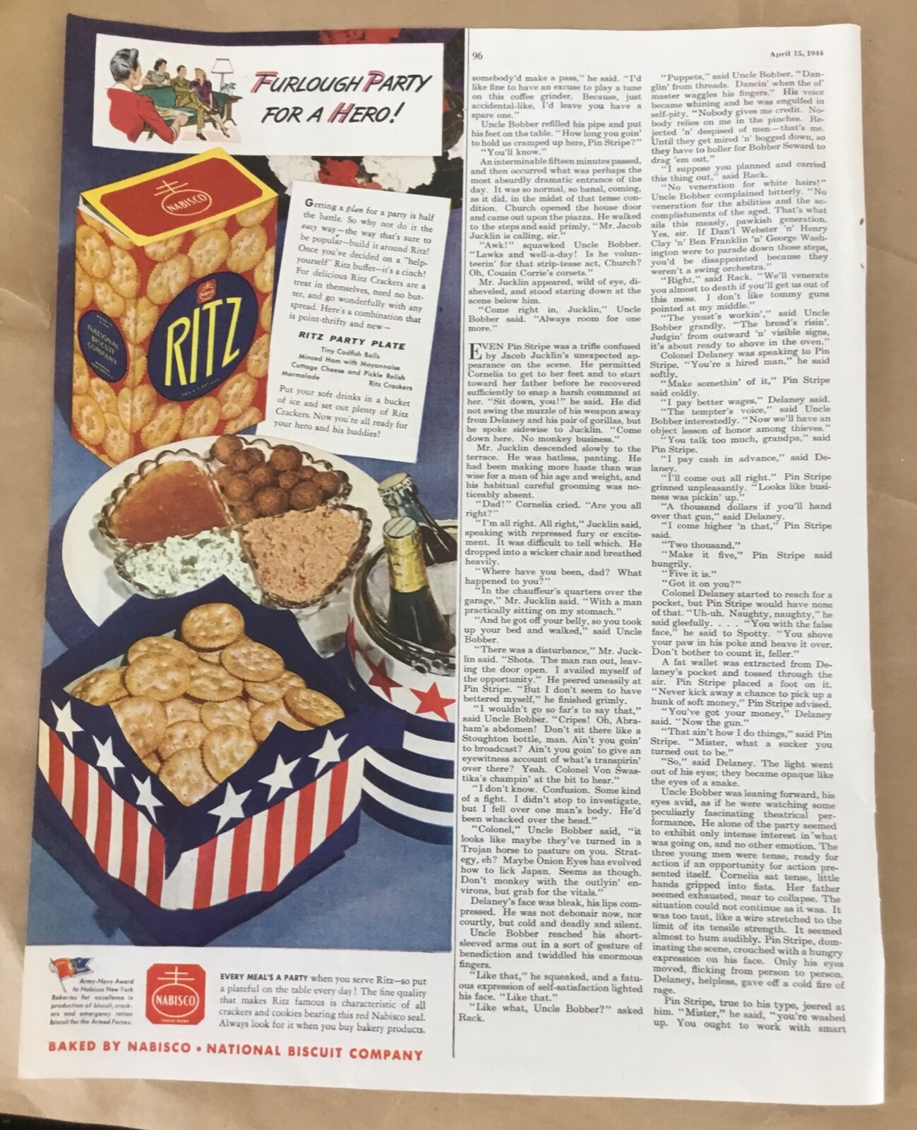Ritz crackers print ad 1944 orig vintage 1940s illus WWII food furlough ...
