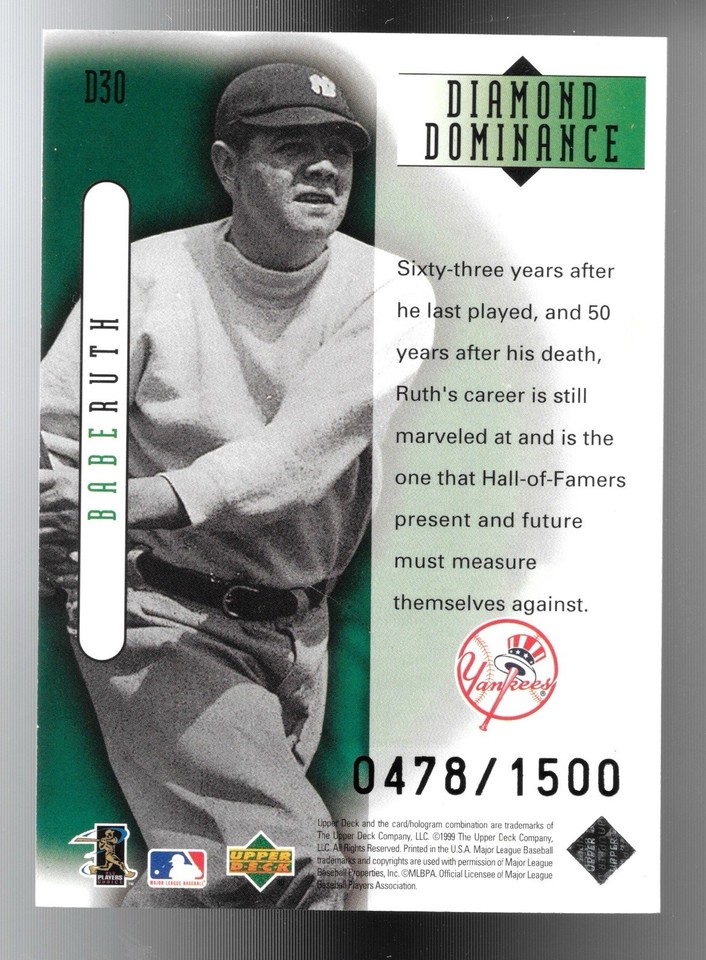 1999 Upper Deck Black Diamond BABE RUTH DIAMOND DOMINANCE SP 0478/1500 ...