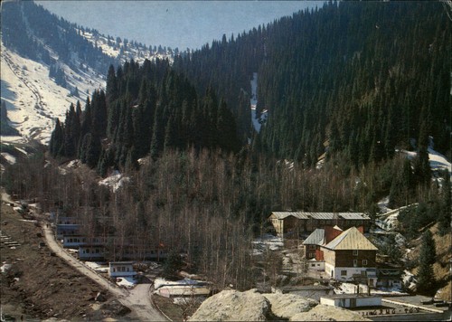 Russia Ajima-Ata village aerial view mountain snow ~ vintage postcard ...