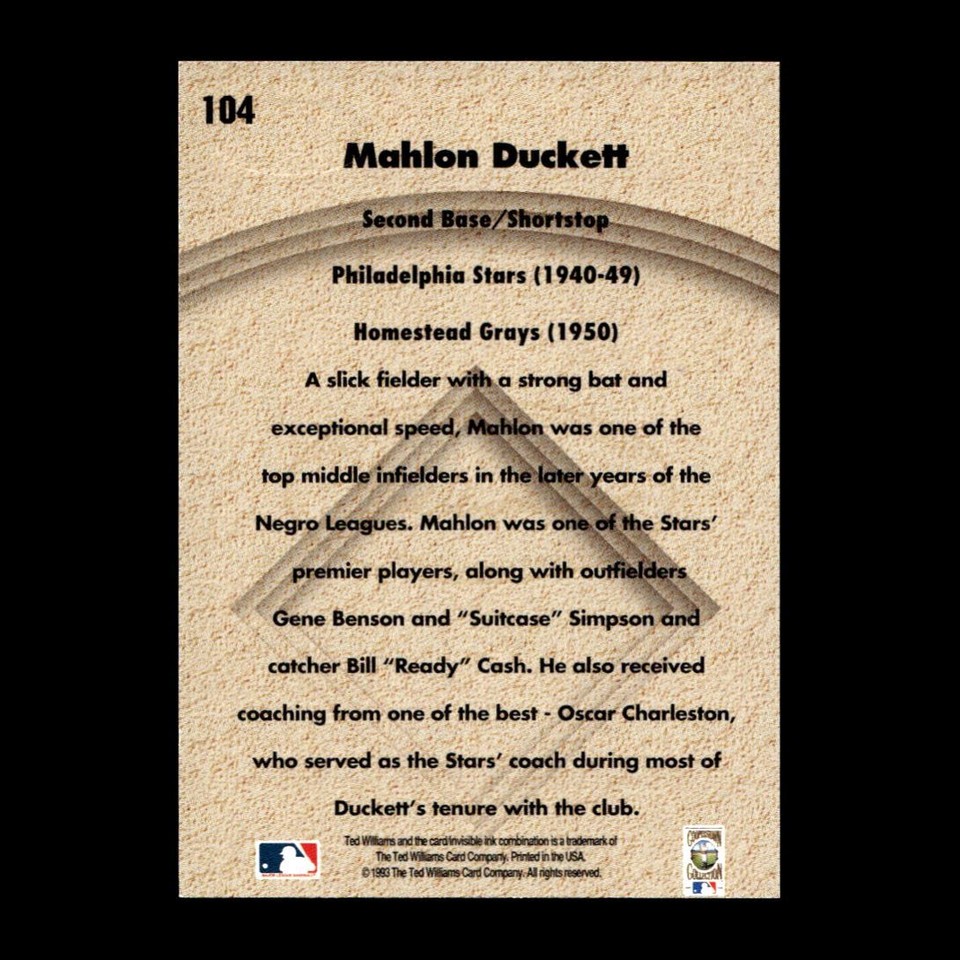 Mahlon Duckett 1993 Ted Williams Philadelphia Stars #104 R326P 92 | eBay