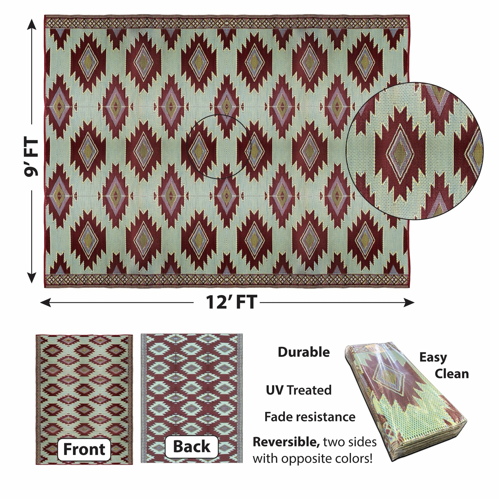 Red Blue Southwest 9 x 12 ft RV Mat Reversible Rug Foldable Outdoor ...