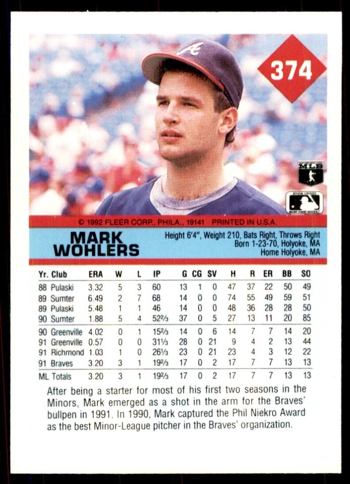 1992 Fleer Mark Wohlers Baseball Cards #374 | eBay