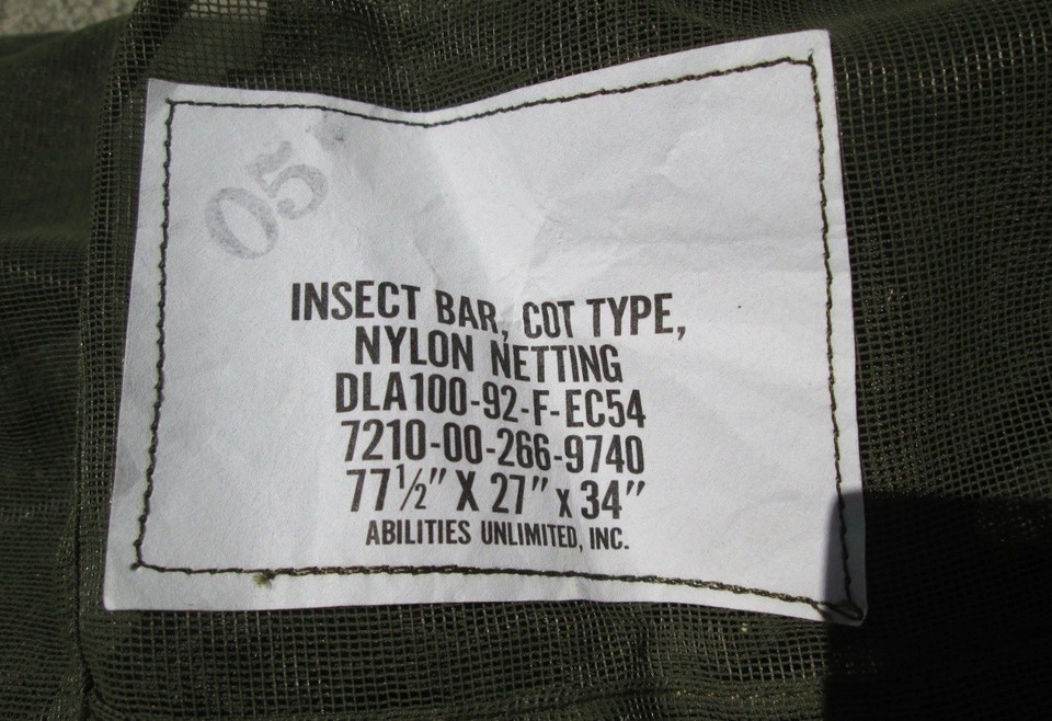 US MILITARY SPEC Insect Bar / Mosquito Net + 4 Poles for Cot Tent ...