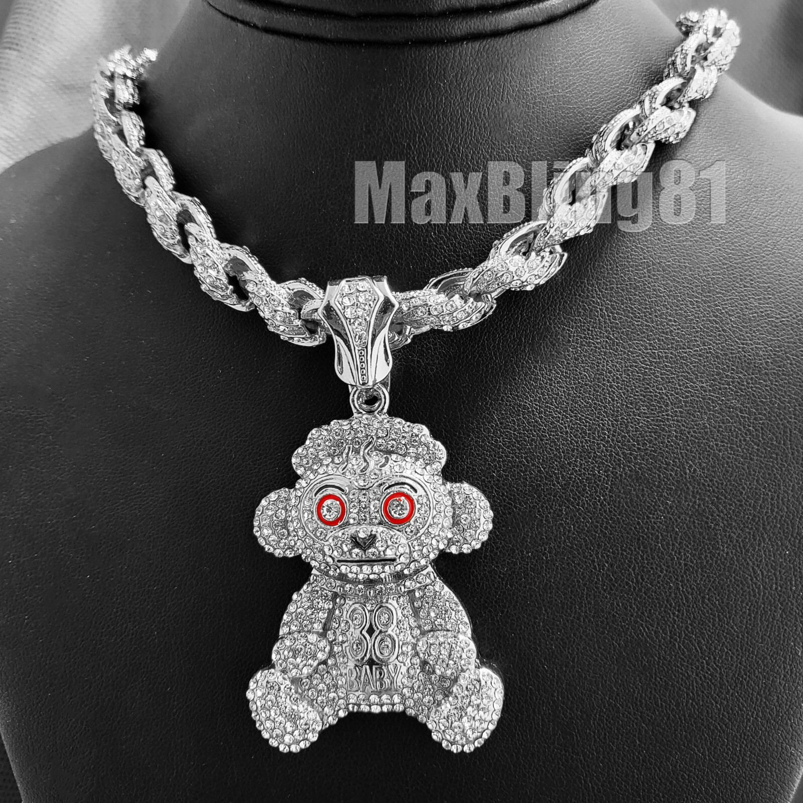 Hip Hop Silver PT NBA Youngboy Monkey & 9mm 16" 18" 20" Iced Rope Chain ...