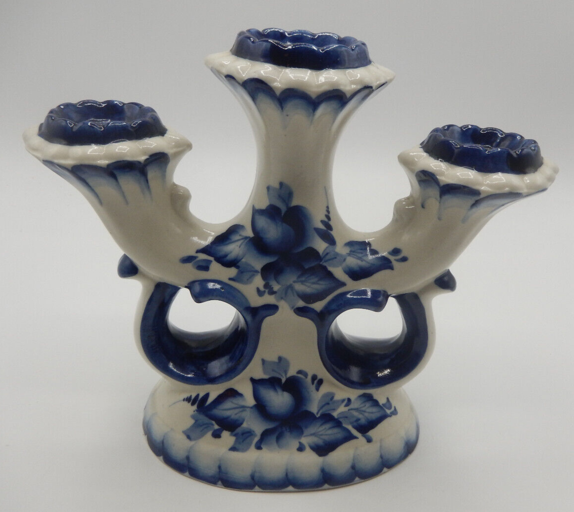 Vintage GZHEL Russian Candelabra Candle Holder White & Blue Porcelain 7 ...