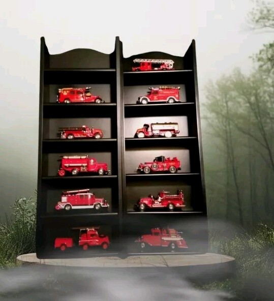 2 Display Shelves Of 11 Models of Matchbox Fire Engine Series W/boxes ...