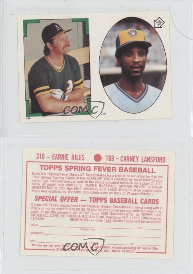1986 Topps Album Stickers Ernest Riles Earnest Carney Lansford #310-169 ...
